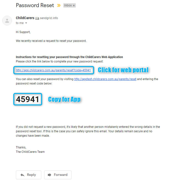 Resetting your parent access password – ChildCarers
